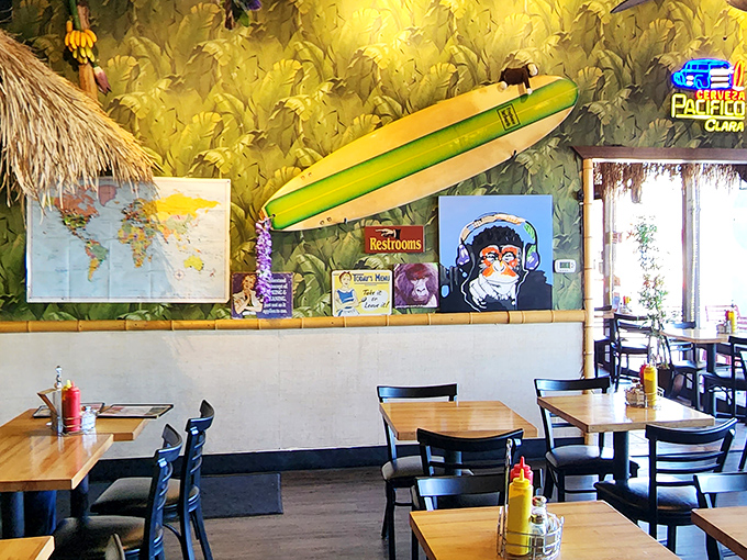 Surfboards and tropical murals transport you far from the desert. Who needs an ocean when you've got burgers this good?