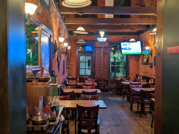Exposed brick walls and wooden beams create a space that feels both historic and welcoming, like dining in a friend's 200-year-old home.