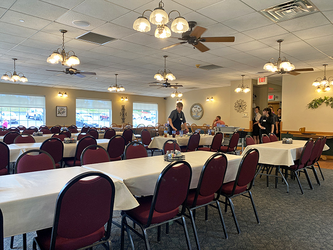 The banquet room stands ready for gatherings, where memories will be made between bites of home-cooked goodness.