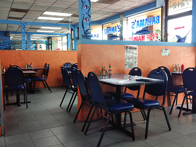 Simple tables, blue chairs, and walls adorned with sea creatures. This no-frills dining room lets the food take center stage without distractions.