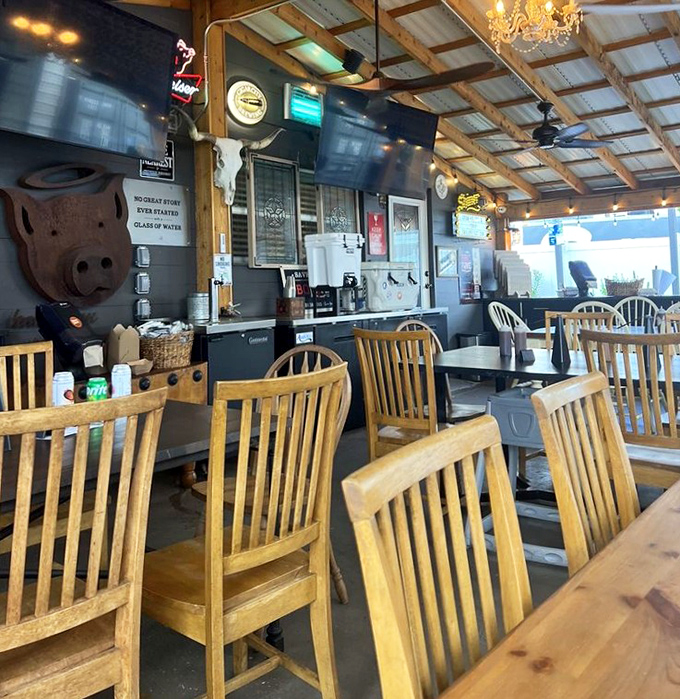 The dining room's warm wood and casual vibe says "come as you are, leave happier than you came."