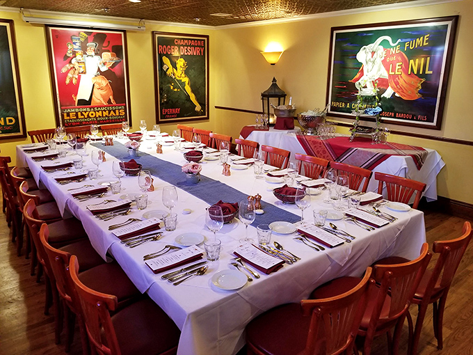 Private dining perfection with vintage French posters watching over your celebration. Even the ceiling tiles look like they're imported from Paris.