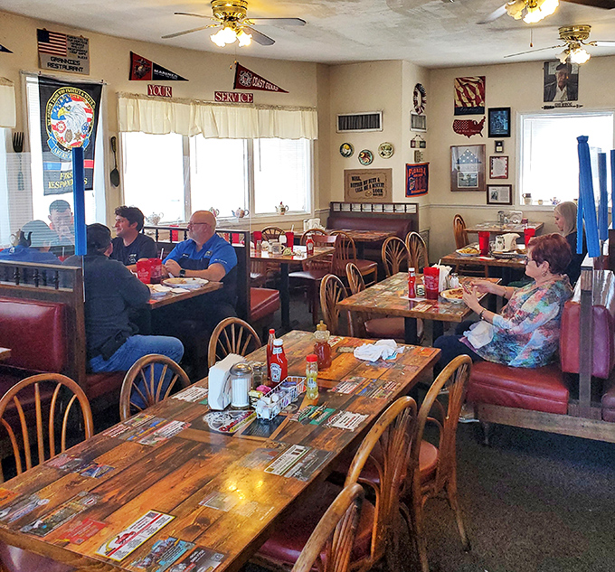 The dining area feels like your favorite aunt's kitchen, if your aunt could cook for 50 people at once.