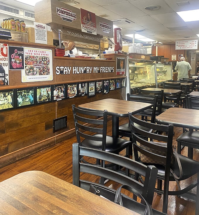 The no-frills dining area says everything about Pomperdale's priorities &ndash; all energy goes to the food, not fancy fixtures or Instagram-worthy decor.