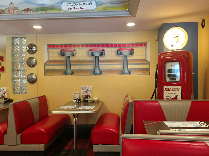The vintage gas pump isn't just decoration&mdash;it's pumping nostalgia directly into your dining experience.