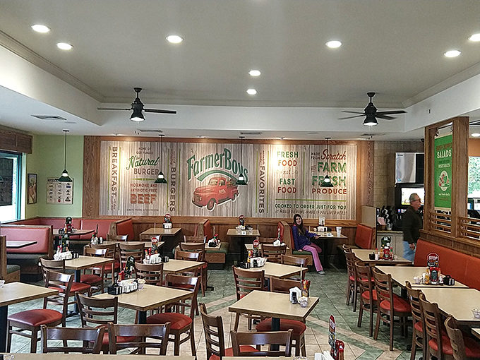 The dining area's farm-themed wall art and comfortable seating create an atmosphere that says, "Take your time, we're not fancy but we care."