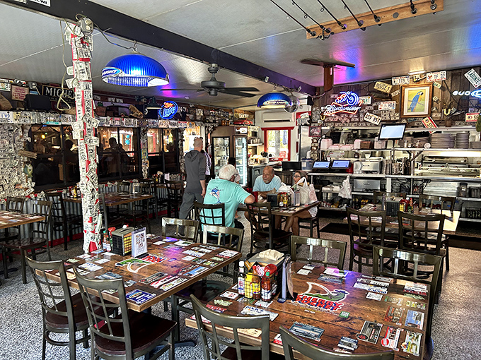 The dining room feels like it's been collecting memories for decades&mdash;every sticker, sign, and dollar bill adding to the story.