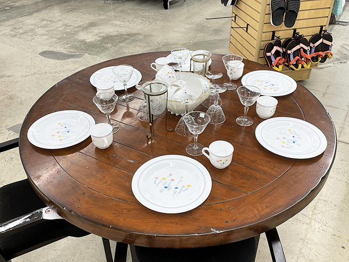 A ready-to-entertain table setting that costs less than the dinner you'd serve on it. That's thrift store magic.