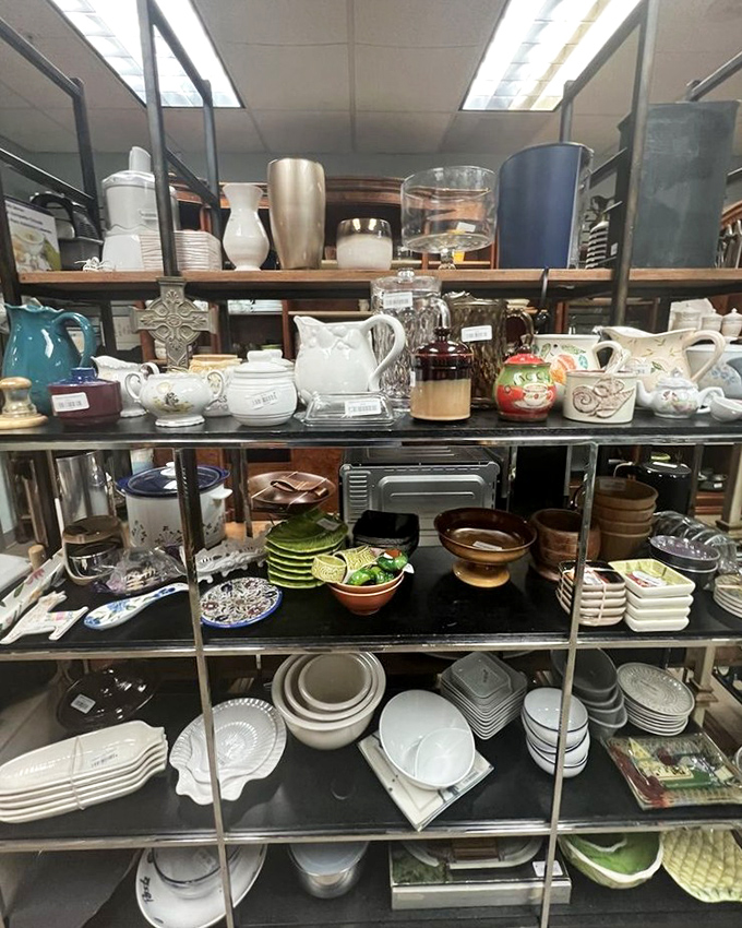 Kitchen heaven! These shelves hold more potential dinner parties than a Food Network marathon. Mismatched perfection at its finest.