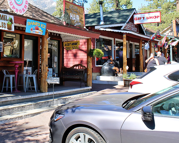 Colorful storefronts invite exploration along Idyllwild's main drag. That pink building isn't just a hair salon&mdash;it's a mountain fashion statement.