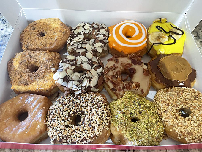A dozen reasons to be late for work. This box of varied delights proves that diversity in donuts, as in life, makes everything better.