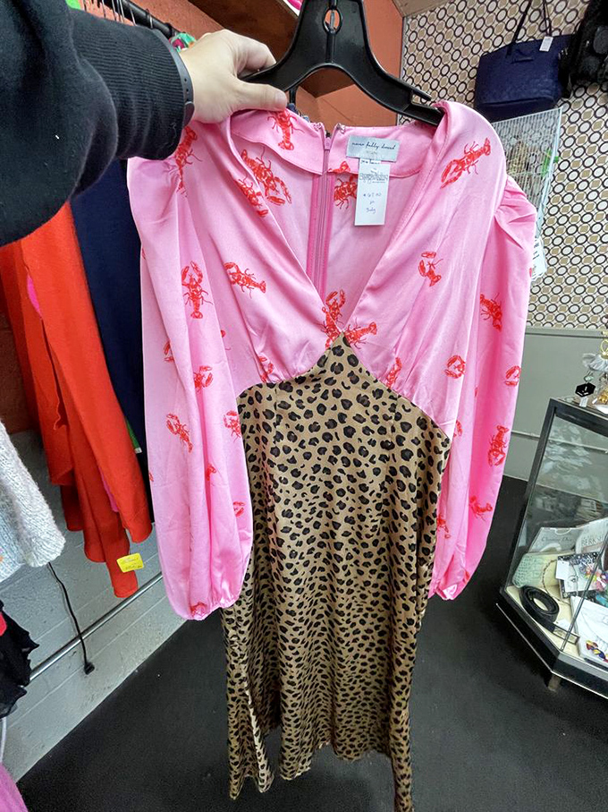 Pink meets leopard in this fashion mullet of a dress—business on top, party on the bottom—waiting for its perfect match.