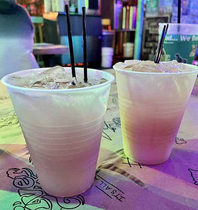 Frosty drinks in plastic cups&mdash;unpretentious vessels for vacation-worthy refreshment. Sometimes paradise comes with a straw.