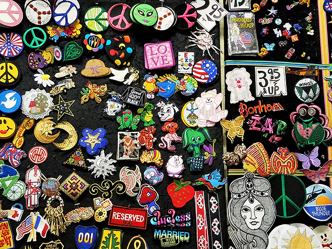 A galaxy of pins and patches telling stories of peace, love, and occasional snarkiness&mdash;wearable opinions for under $5.