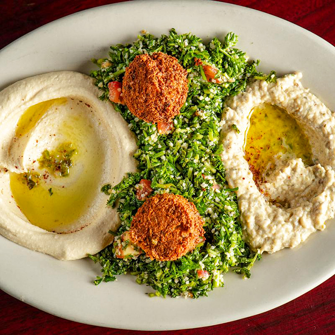 Falafel and tabbouleh with twin pools of hummus&mdash;a plate so vibrant it practically needs sunglasses, and flavors that make you forget meat ever existed.