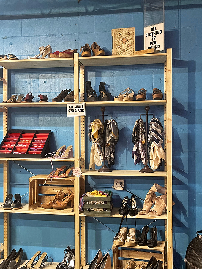 Shoes arranged like a museum exhibit where touching is not just allowed but actively encouraged.