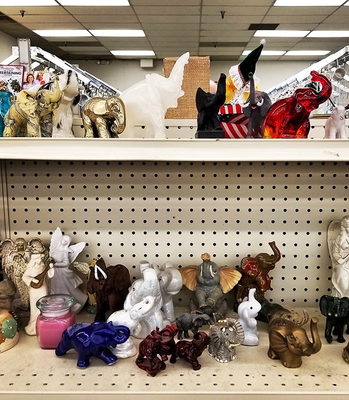An elephant parade in miniature! These figurines represent the ultimate thrift store philosophy: someone else's excess becomes your accent piece.