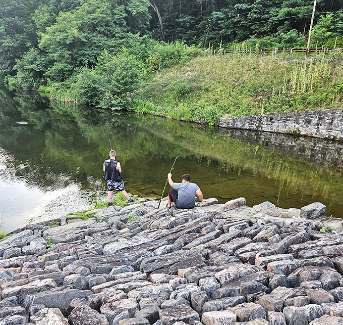 Rock-solid fishing spots. These natural stone formations create the perfect perch for anglers seeking Poe Valley's finned residents.