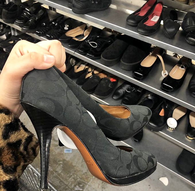 Footwear collection spans decades of style, from practical walking shoes to statement heels with dance floor memories.