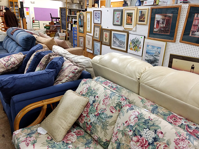 A gallery wall meets sofa paradise, where your next living room makeover awaits at a fraction of retail prices.