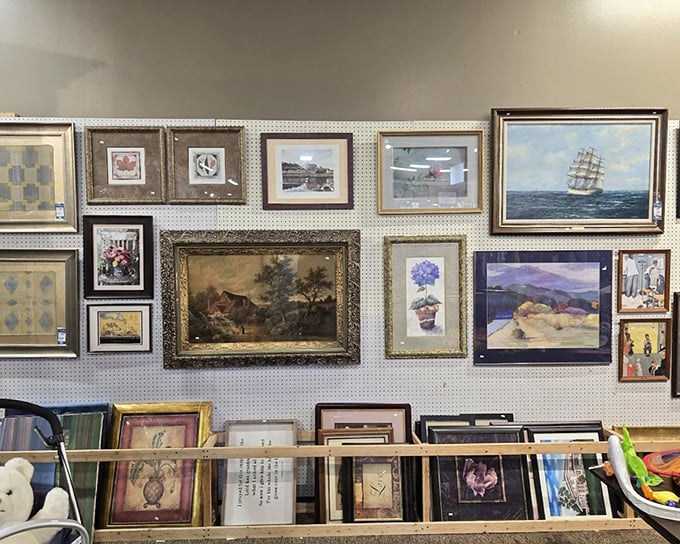 The wall of art ranges from "genuine masterpiece" to "so-bad-it's-good." That ship painting might have hung in a sea captain's study&mdash;or your uncle's basement bar.