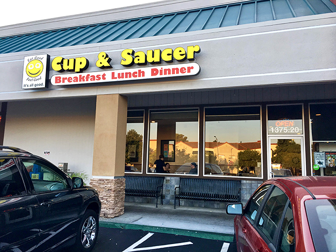 The Cup & Saucer's cheerful exterior promises three of life's greatest pleasures: breakfast, lunch, and dinner. The holy trinity of dining.
