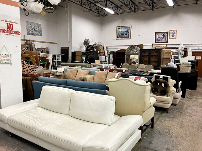 The sofa section: a living room lineup where mid-century modern mingles with Florida wicker in a furniture version of "The Odd Couple."