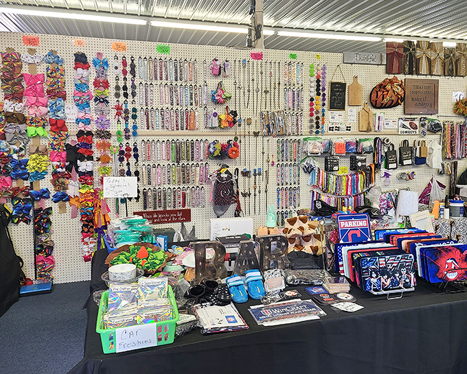 A pegboard wonderland of colorful accessories. This booth has enough hair bows and pet supplies to outfit every pageant contestant and puppy in three counties.