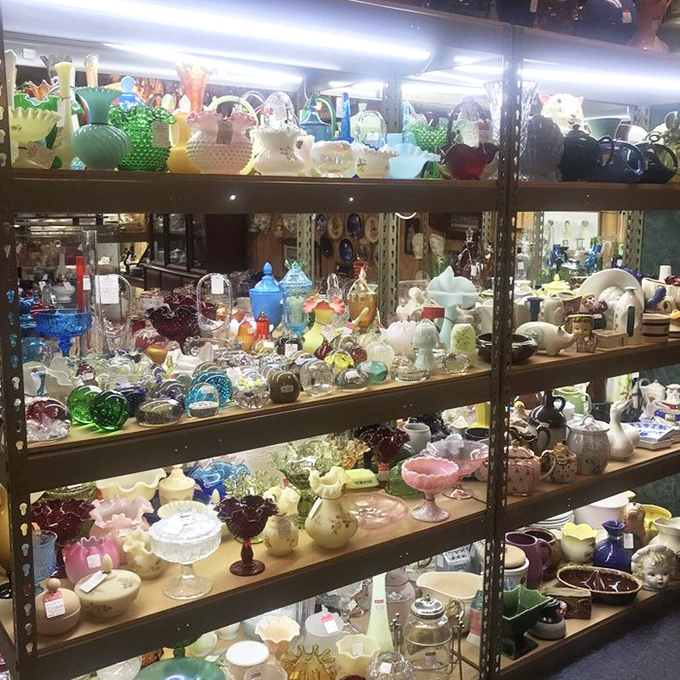 A rainbow captured in glass&mdash;Depression-era treasures catch the light, transforming ordinary shelves into an extraordinary kaleidoscope of color.
