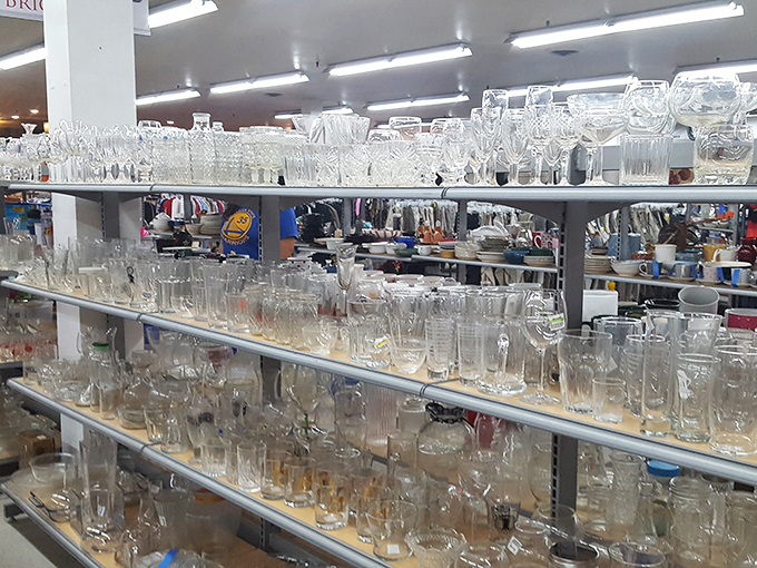 Crystal kingdom—where wedding-gift wine glasses and vintage tumblers sparkle under fluorescent lights, waiting to toast new beginnings in different homes.