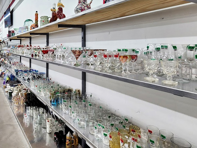 Crystal and glassware that survived decades of dinner parties stand in formation. Vintage cocktail glasses just waiting to serve something shaken, not stirred.