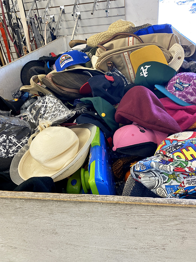 Hat-a-palooza! This bin of headwear contains enough personality to transform anyone from ordinary shopper to character in their own story.