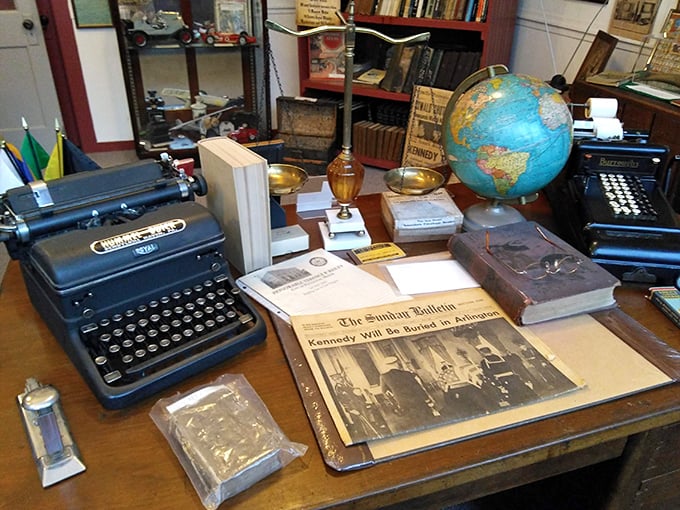 A desk frozen in time – complete with typewriter and Kennedy headline – where you half expect to see Walter Cronkite walk in any minute.