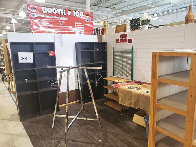 Booth #100 advertising "storage units galore" reveals the secret source of many flea market treasures&mdash;someone else's storage regrets.