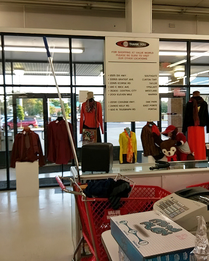 Crystal glassware sparkles under fluorescent lights while winter coats stand at attention nearby. In the thrift universe, categories mingle in delightful, unexpected ways.