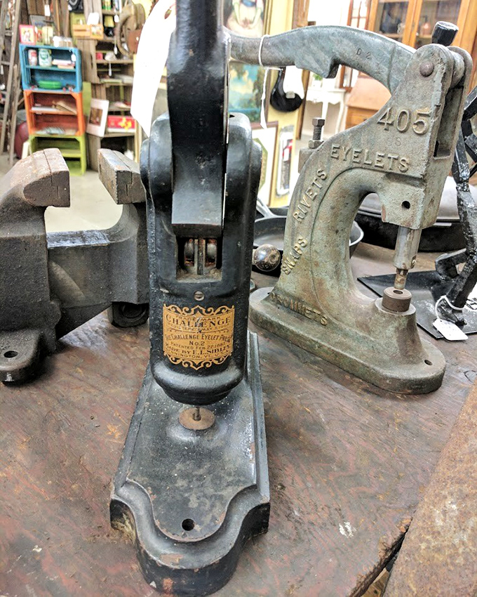 Industrial tools with more character than most movie protagonists. That eyelet press has punched more holes than a lifetime of office work.