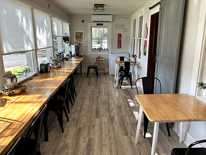 A counter seating area bathed in natural light where strangers become friends over shared coffee and pastry recommendations.