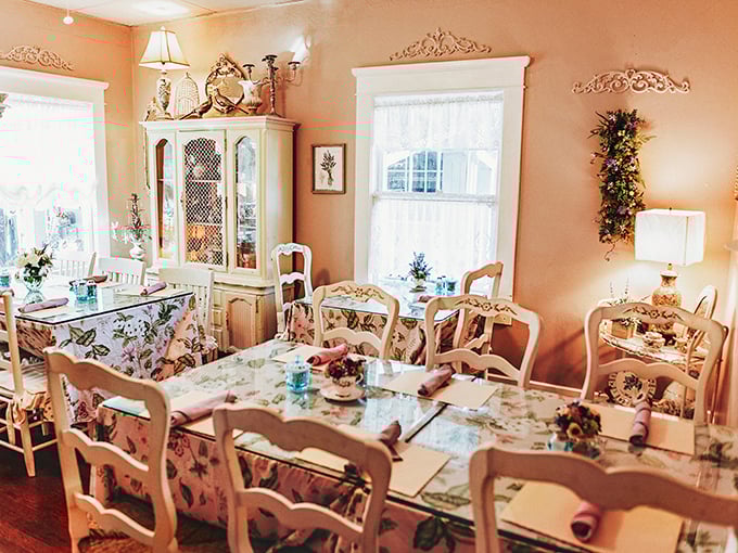 Another dining room view where doilies and chandeliers create the perfect backdrop for your pasta adventure.