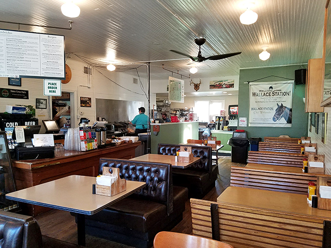 The interior balances rustic charm with practical comfort. Ceiling fans lazily spin stories overhead while the aroma of fresh-baked bread provides the soundtrack.