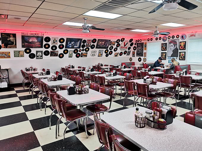 The checkerboard floor isn't just decoration&mdash;it's a chess board where every diner is king, and the vinyl record decor provides a soundtrack to your meal.
