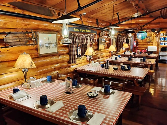 Log walls that have absorbed decades of laughter and conversation. In an age of sleek minimalism, this dining room proudly wears its northwoods heart on its sleeve.