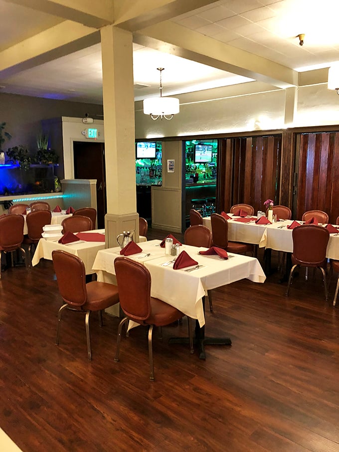 White tablecloths and comfortable seating create an unexpectedly elegant dining room. Old-school charm without a hint of pretension.