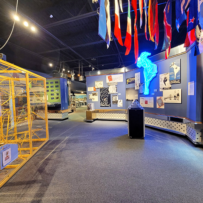 International flags hang above exhibits showcasing how this Pennsylvania-made product sparked connections across borders, languages, and cultures.