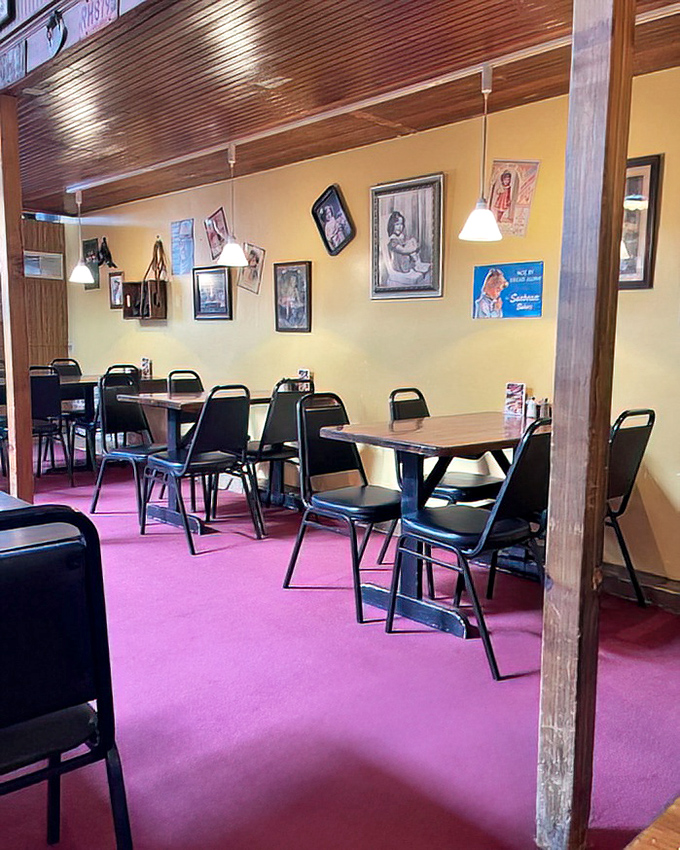 Purple carpet and wood-paneled walls create the perfect backdrop for meat-based memories. Nostalgia you can taste is served at every table.