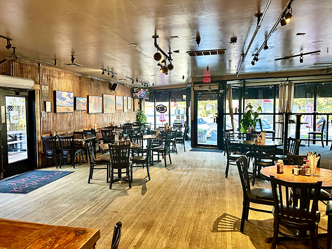The dining room has that magical quality where every table feels like the best one in the house, bathed in natural light and casual California charm.