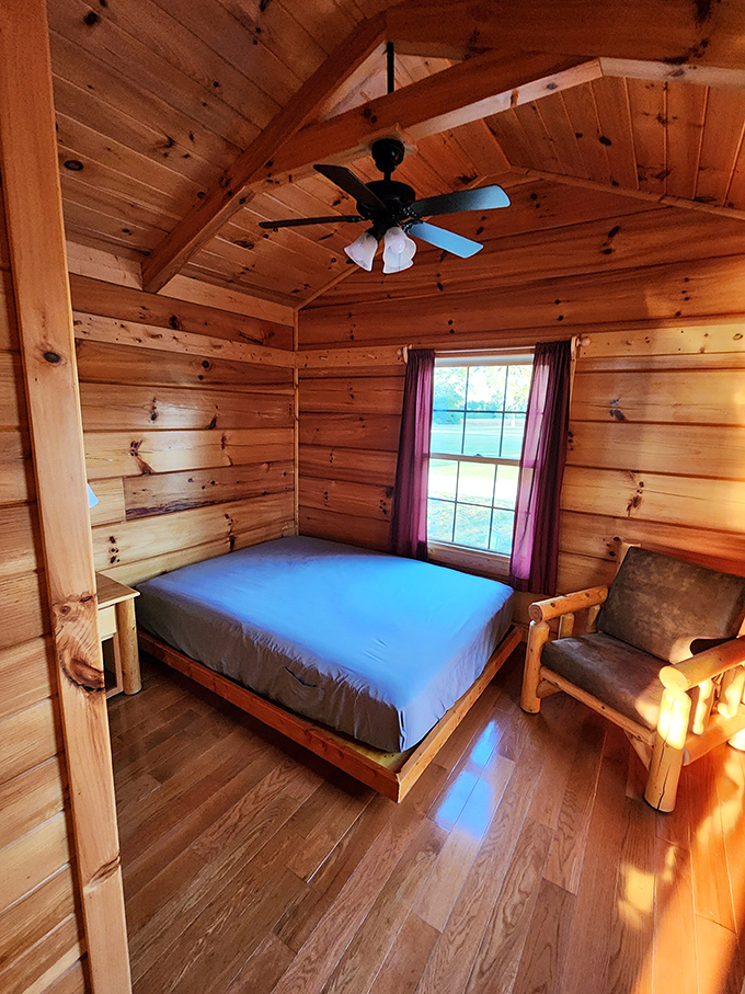 Inside the cabin, knotty pine walls and simple comforts create the perfect retreat after a day of outdoor exploration.