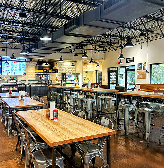 The dining room feels like the living room of that cool friend who somehow makes industrial design feel warm and inviting.