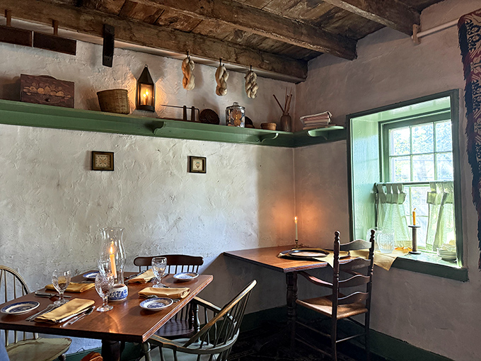 A dining room where the ghosts of conversations past linger between rustic beams and whitewashed walls.