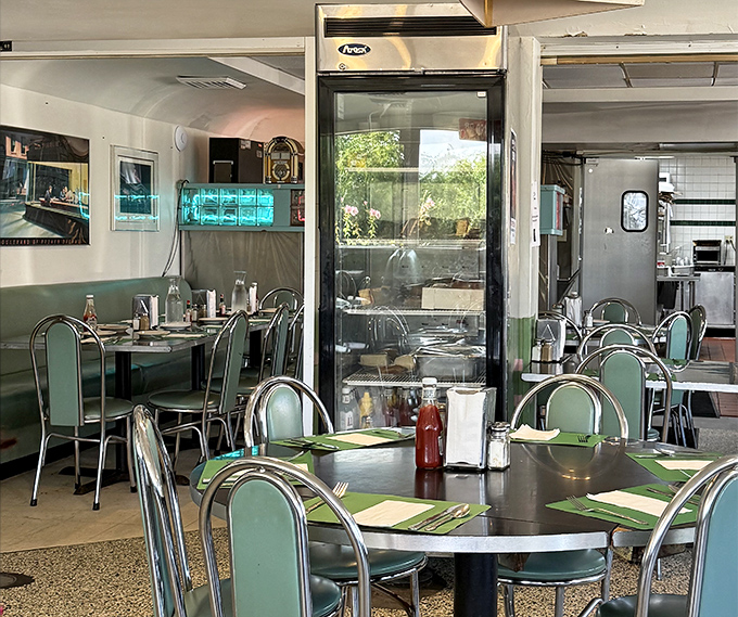 Retro diner vibes with mint-green chairs that transport you back to simpler times. When food was food and calories were just a suggestion.