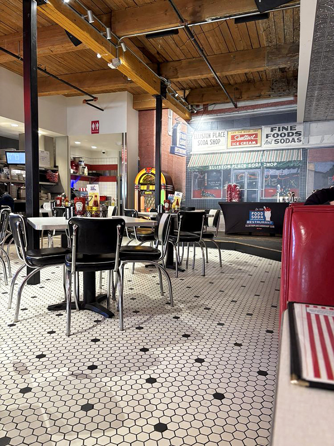 The hexagon-tiled floor tells stories of countless Nashville footsteps while vintage memorabilia watches over diners from walls that have seen it all. 